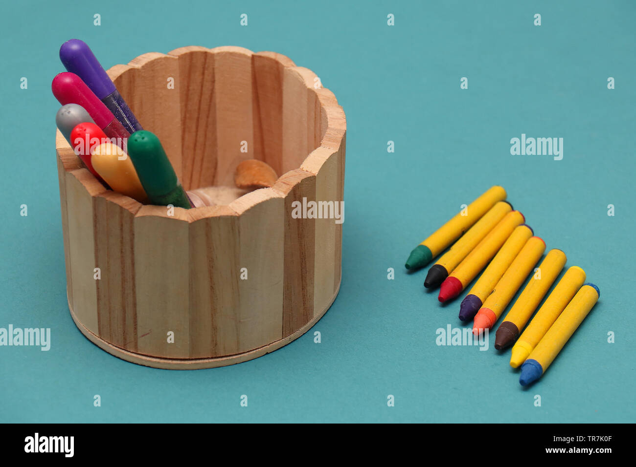 Blue box and crayons hi-res stock photography and images - Alamy