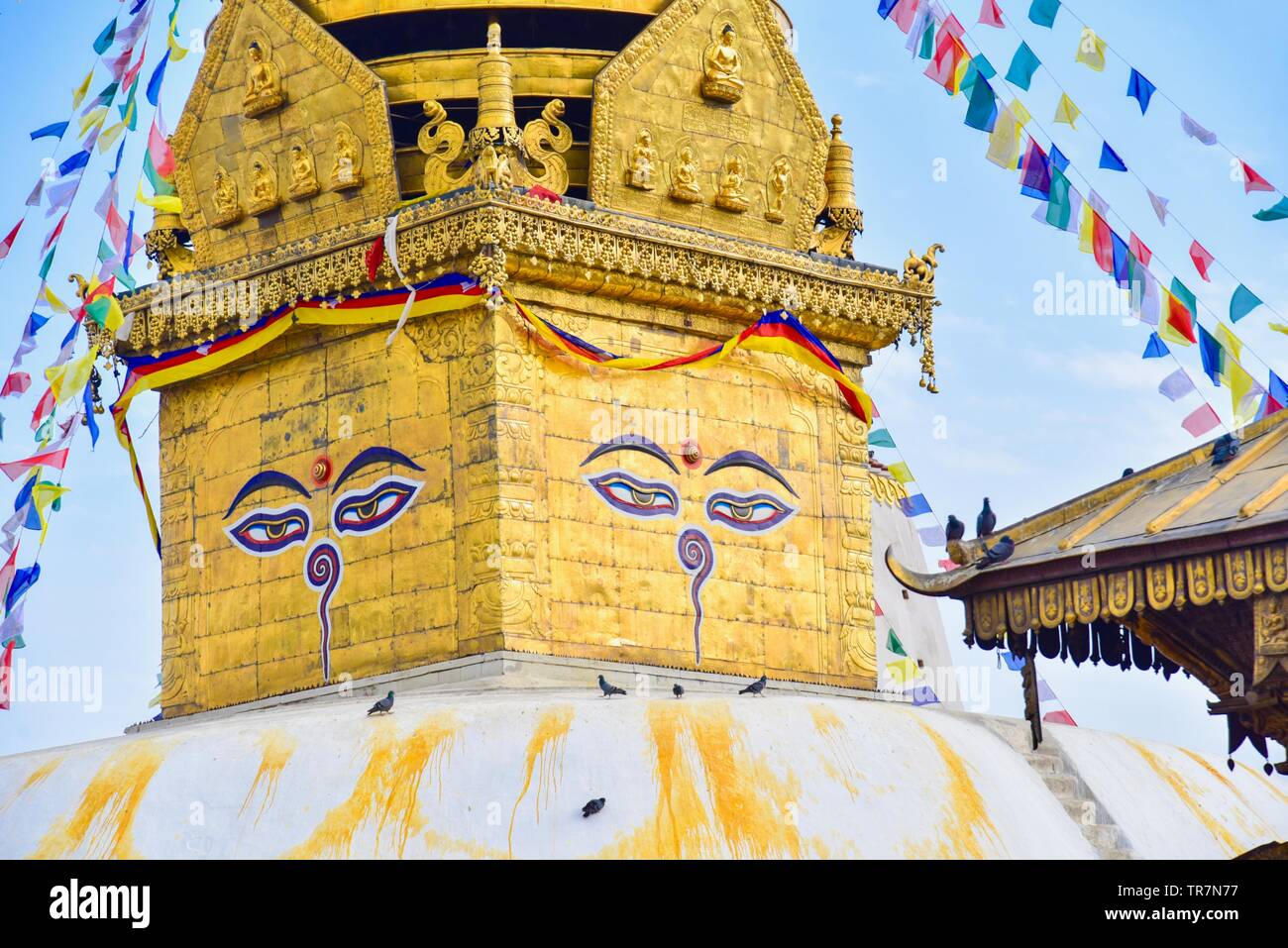 Buddha's Wisdom Eyes on Swayambhunath Pagoda in Kathmandu, Nepal Stock ...