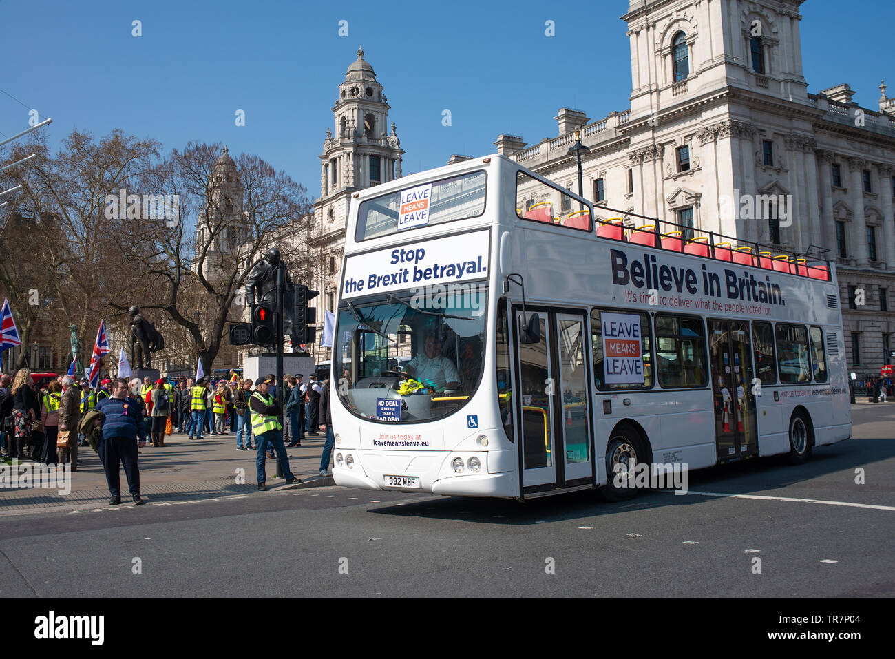 The white "Believe In Britain" campaign double decker bus, which did ...