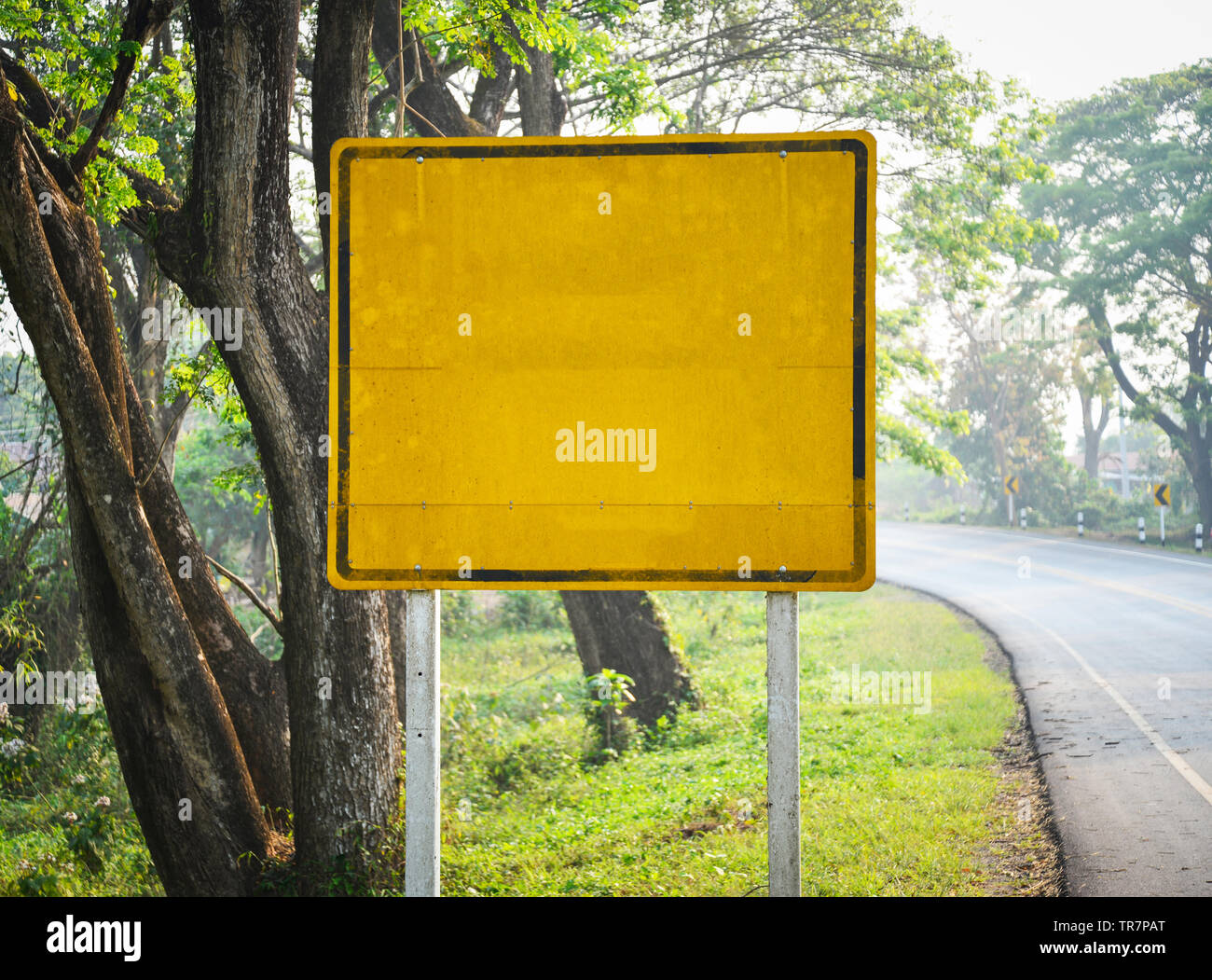 Yellow old blank road sign empty on the roadside with tree background ...