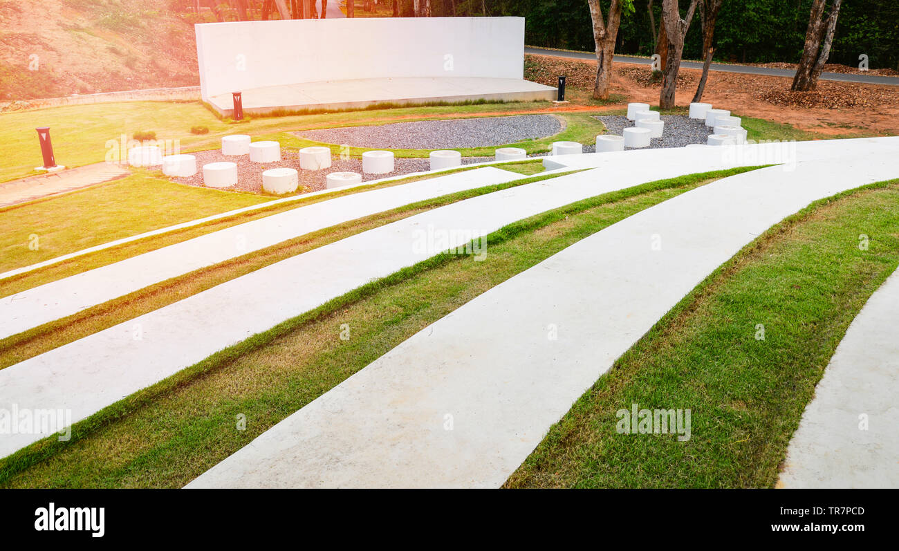 Stage outdoors / stage show with Park bench Cement and pathway in the ...