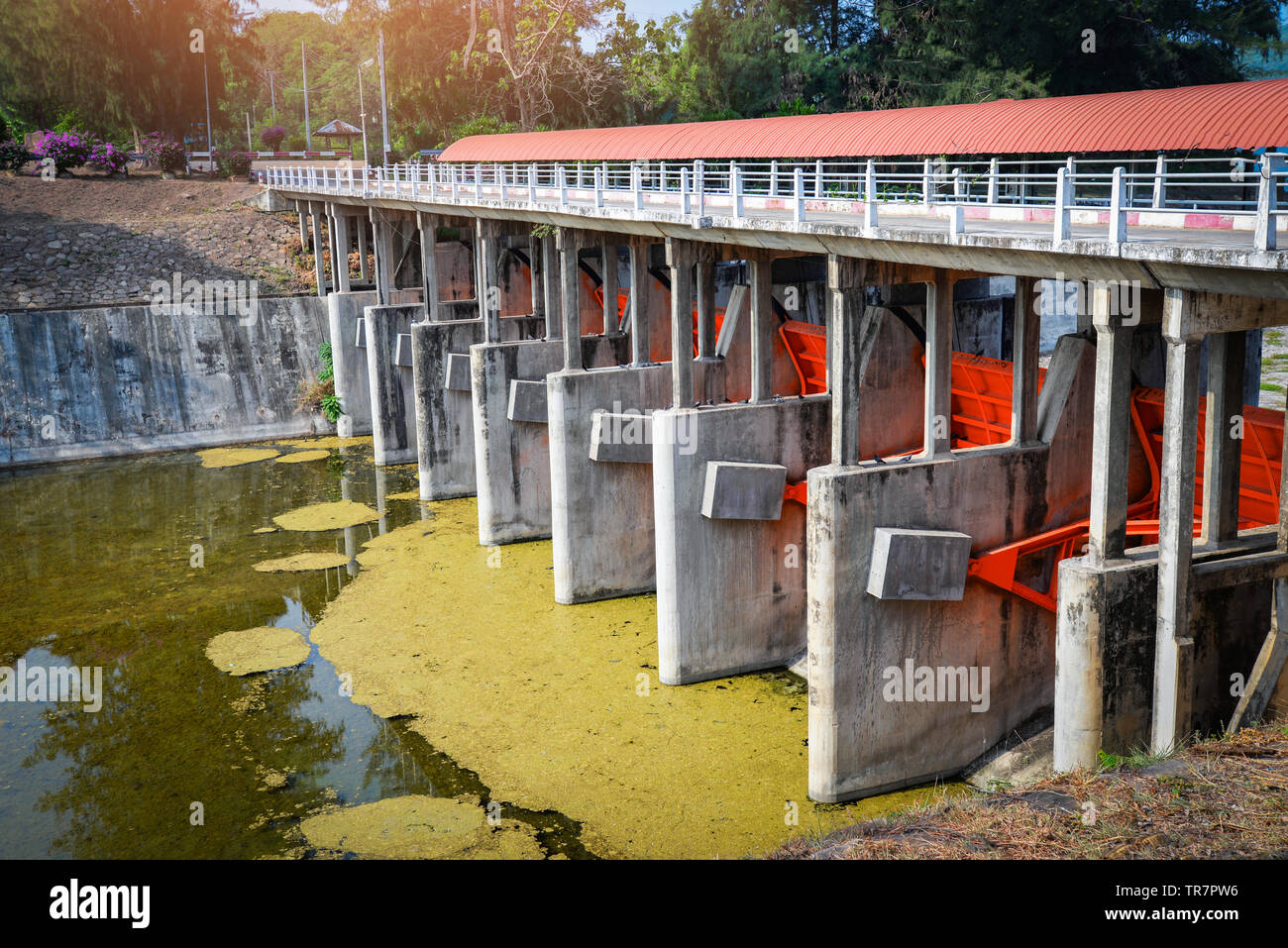 Drainage dam reservoir on hill with canal and drainage system water ...