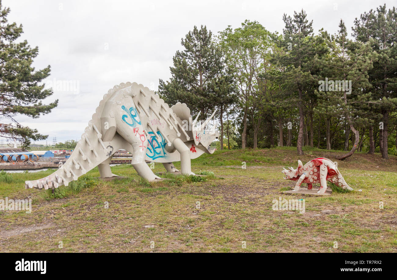 A Triceratops sculpture at Teessaurus Park,Middlesbrough,England,UK ...