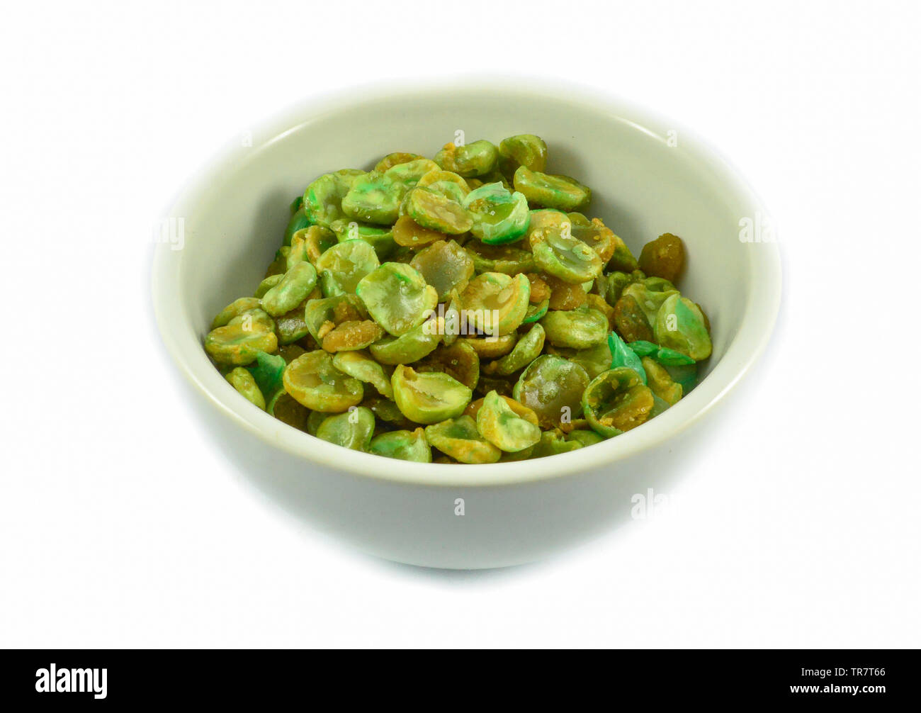 Cooked baked salt broad beans in cup isolated on white background ...