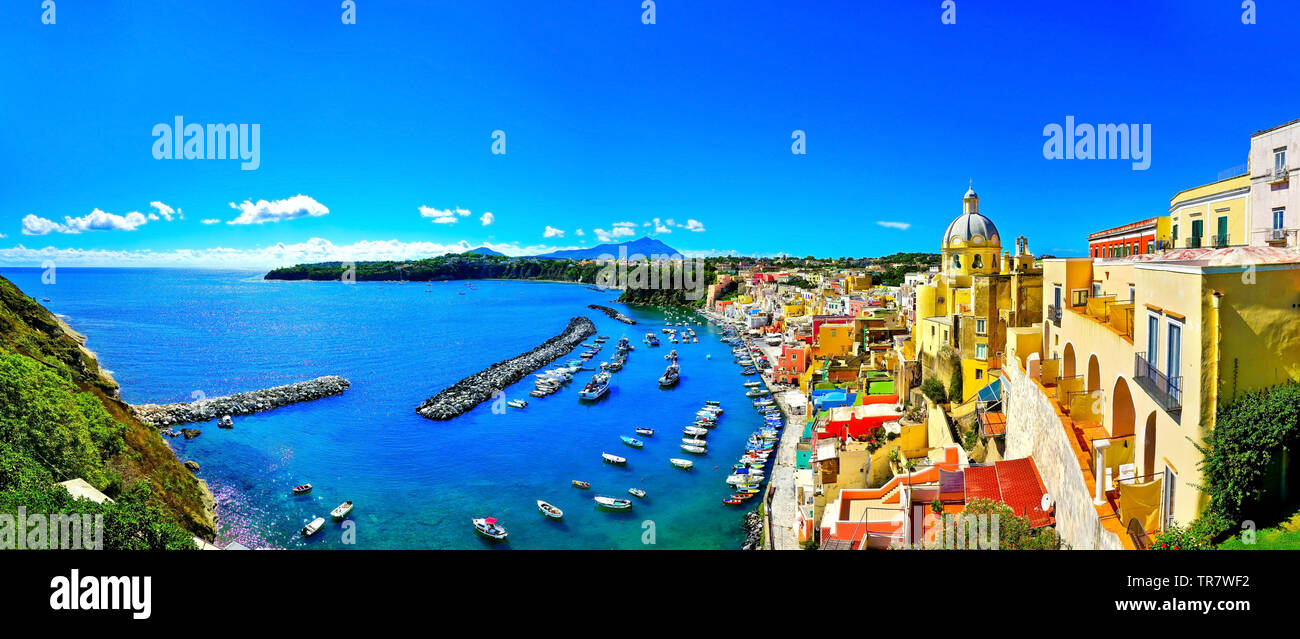 View of the Port of Corricella with lots of colorful houses on a sunny ...