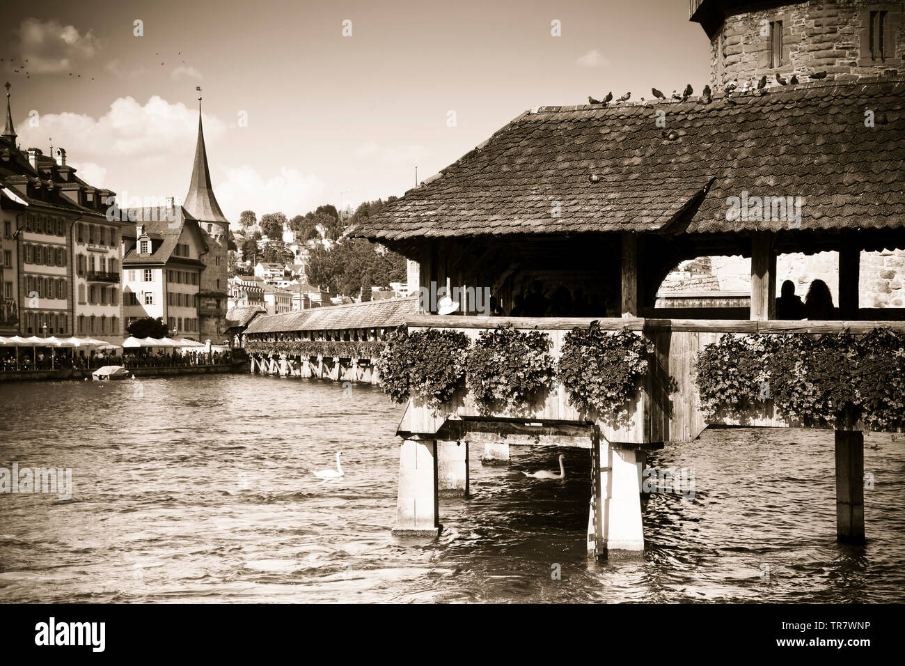 Famous wooden bridge in Lucerne - Switzerland - sepia toned Stock Photo ...