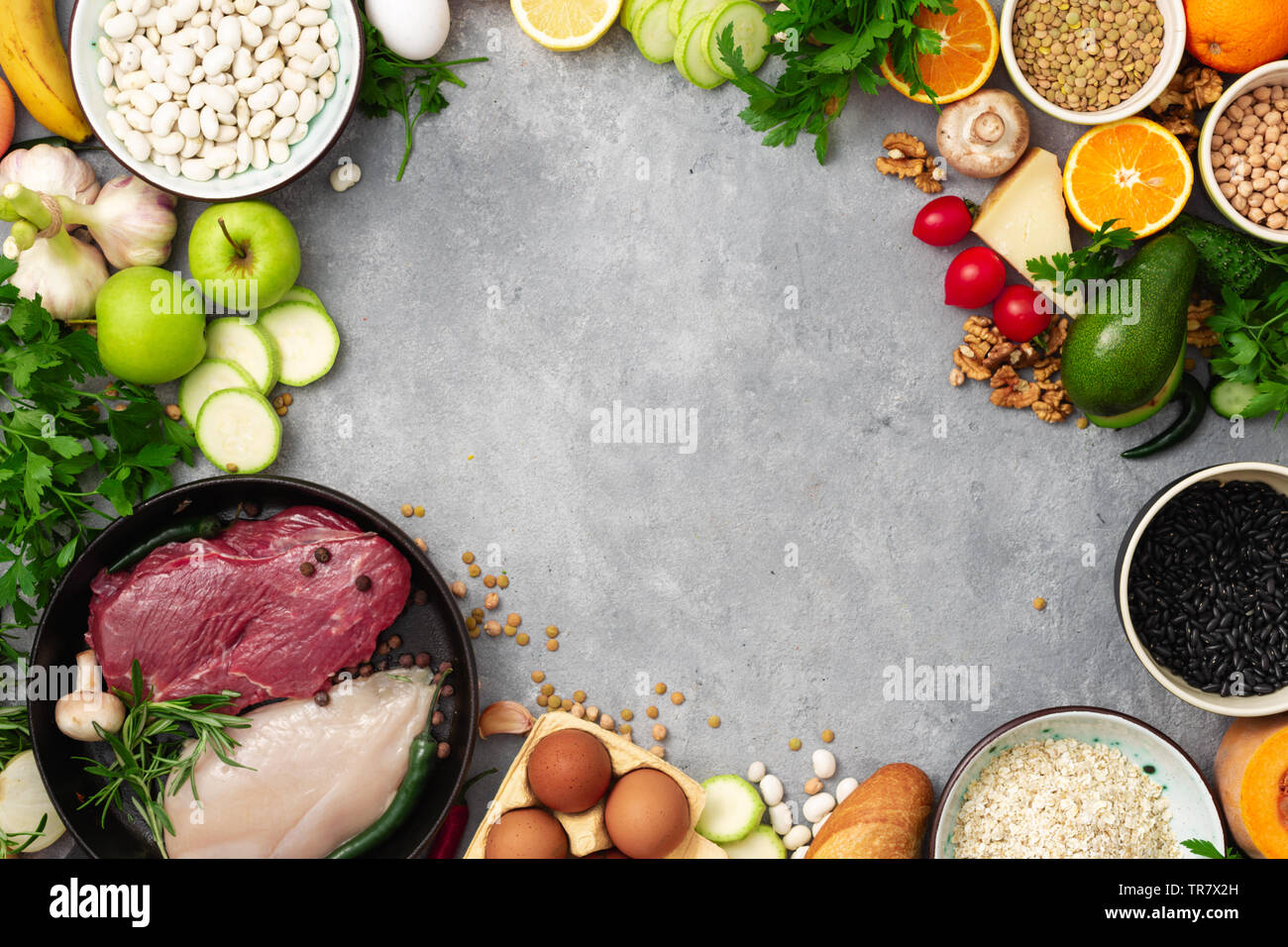 Frame of healthy balanced food. Diet eating concep top view Stock Photo ...