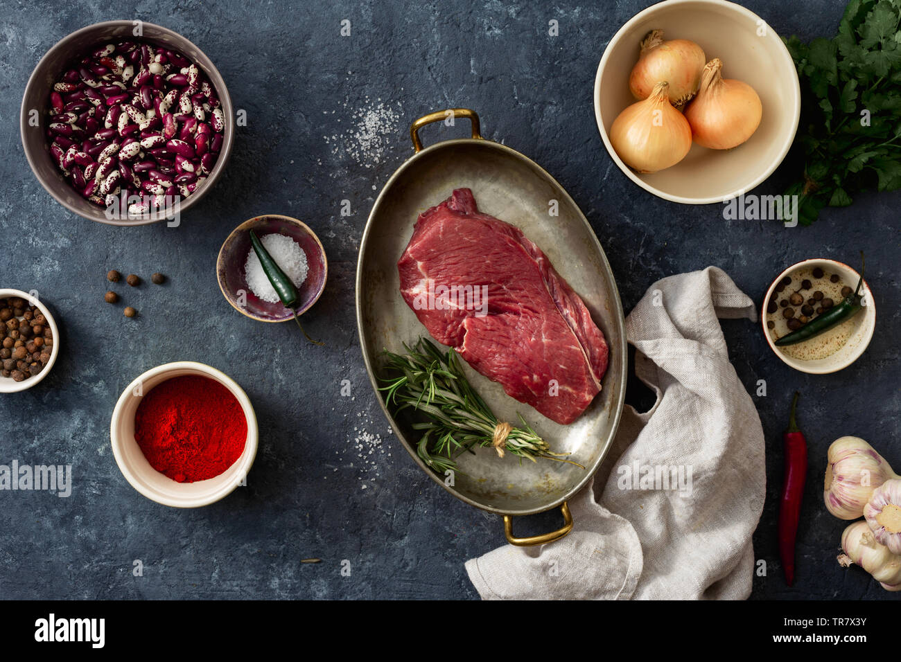 Raw meat with ingredients for cooking healthy food top view Stock Photo ...