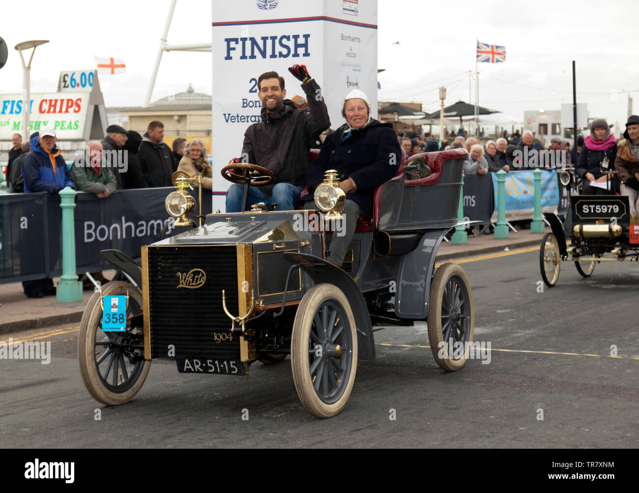 Mr Arnoud Carp driving his 1904 White Steam Car, across the finishing ...