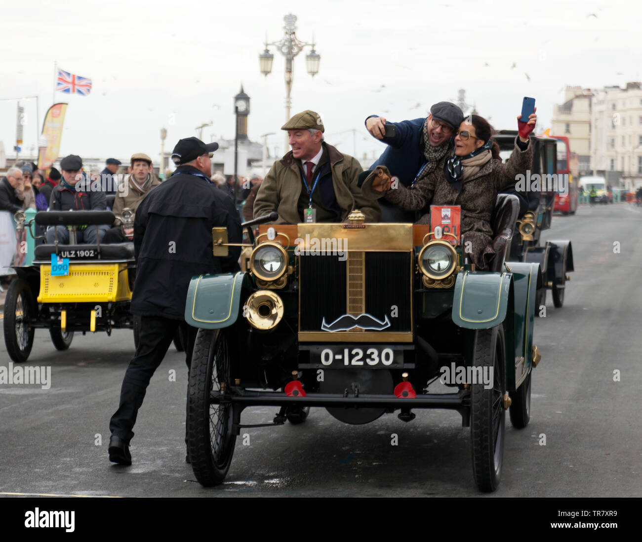 Mr Duncan Wiltshire driving an 1904 Lanchester, across the finishing ...