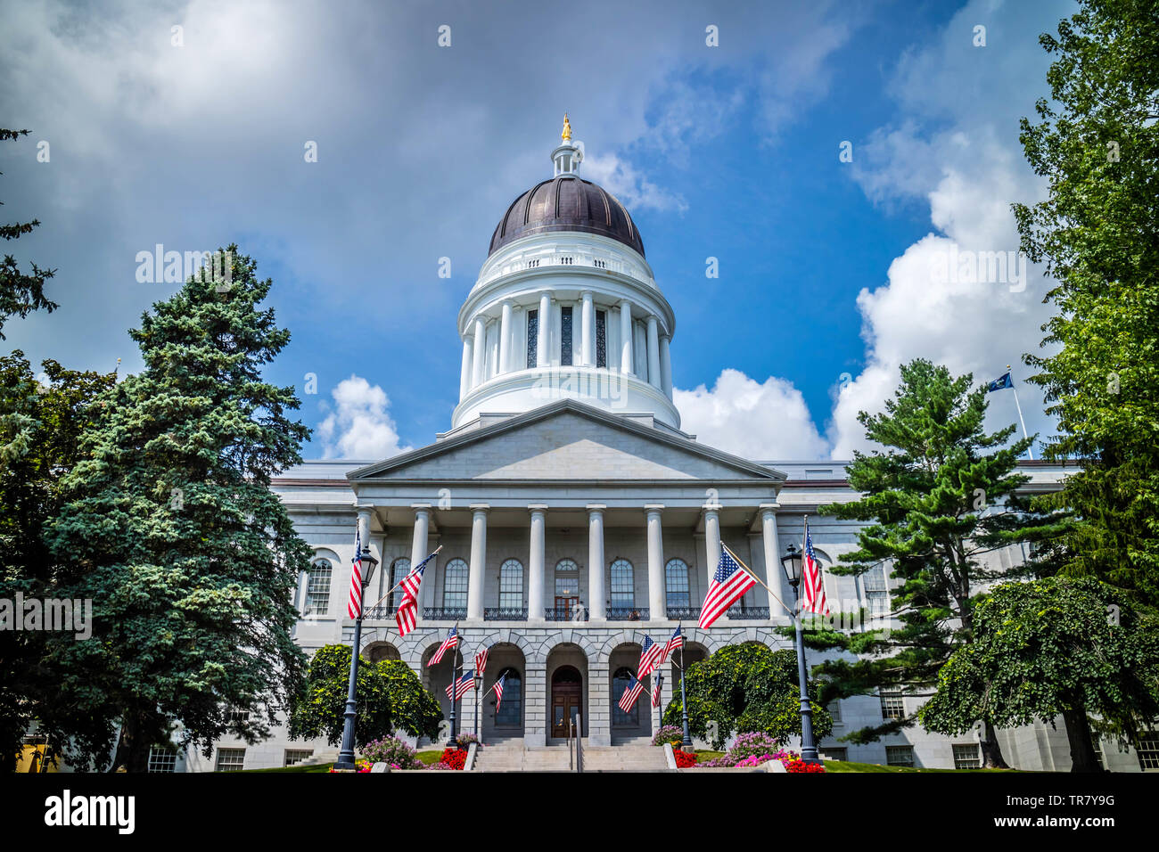 Augusta State Capital, ME, USA - August 8, 2018: The outside grounds of ...