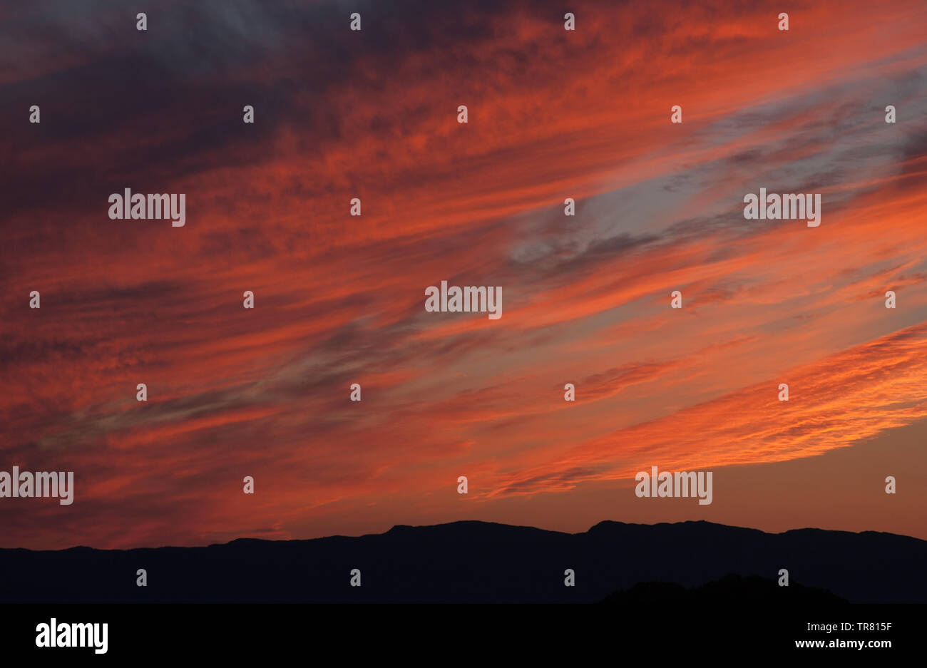 Beautiful evening sky. Clouds lit up in fiery red by the setting sun ...