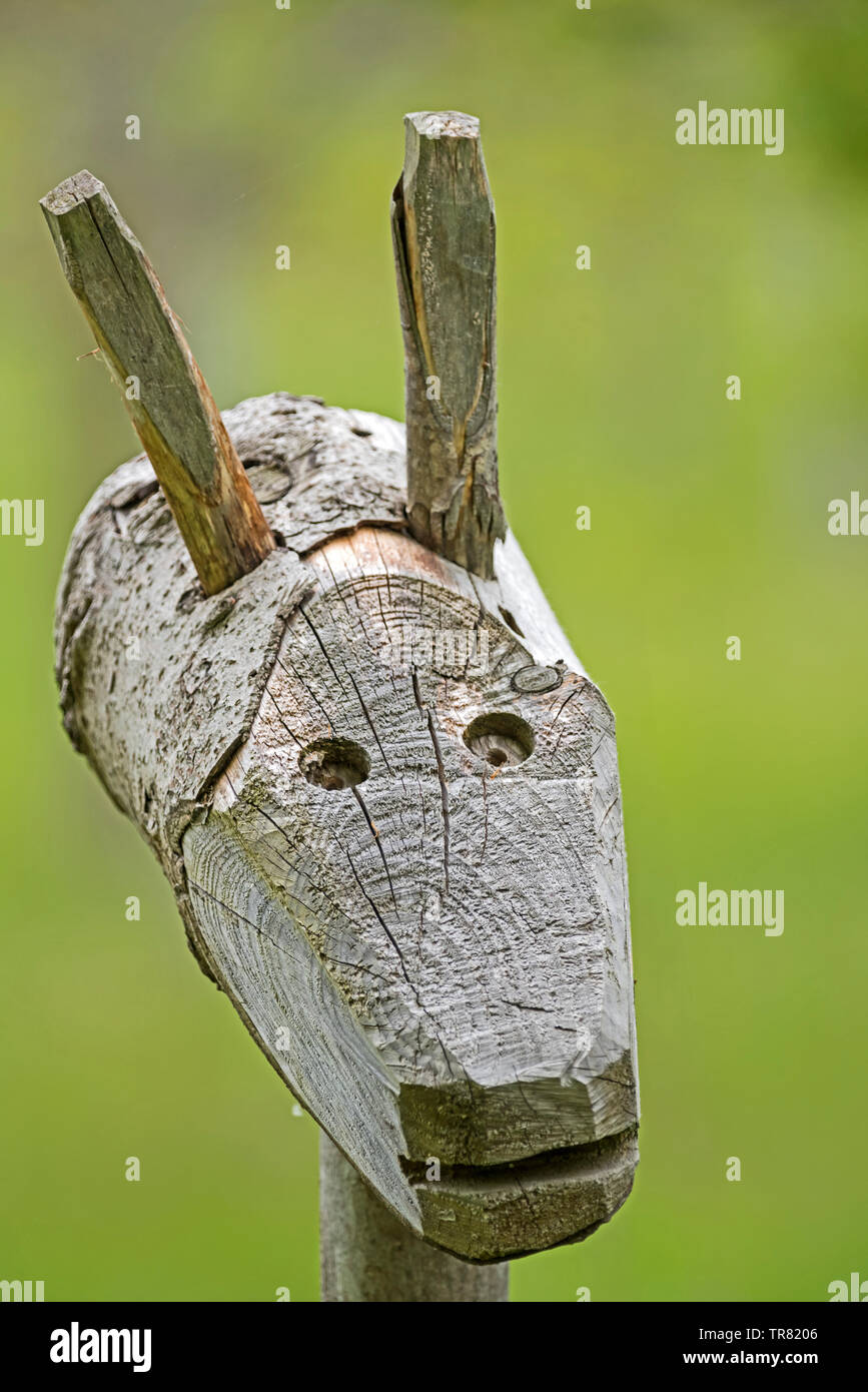 Simple wooden carving of deer's head at Murton Farm, Forfar, Angus ...