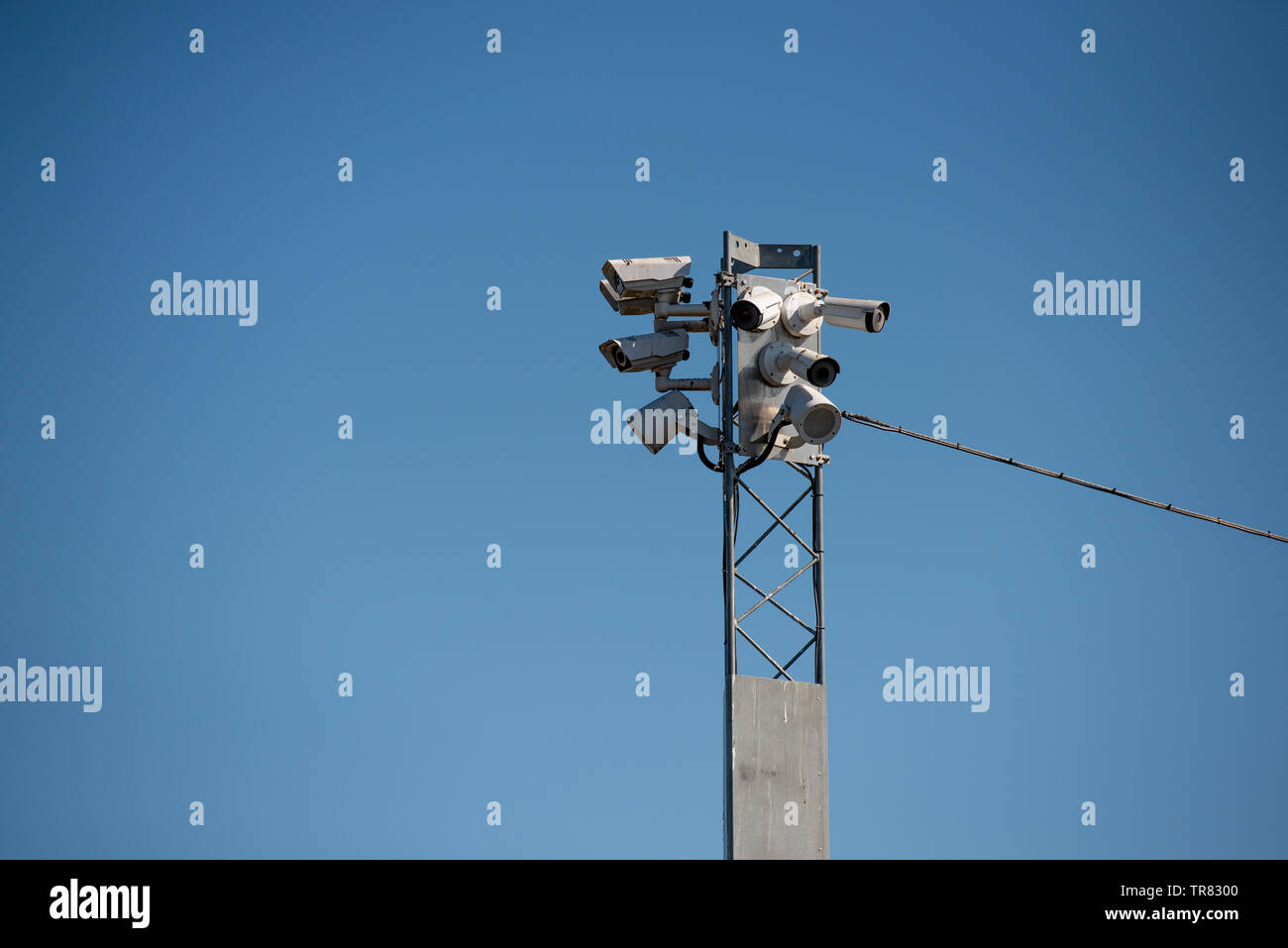 Surveilance cameras on a pylon Stock Photo - Alamy