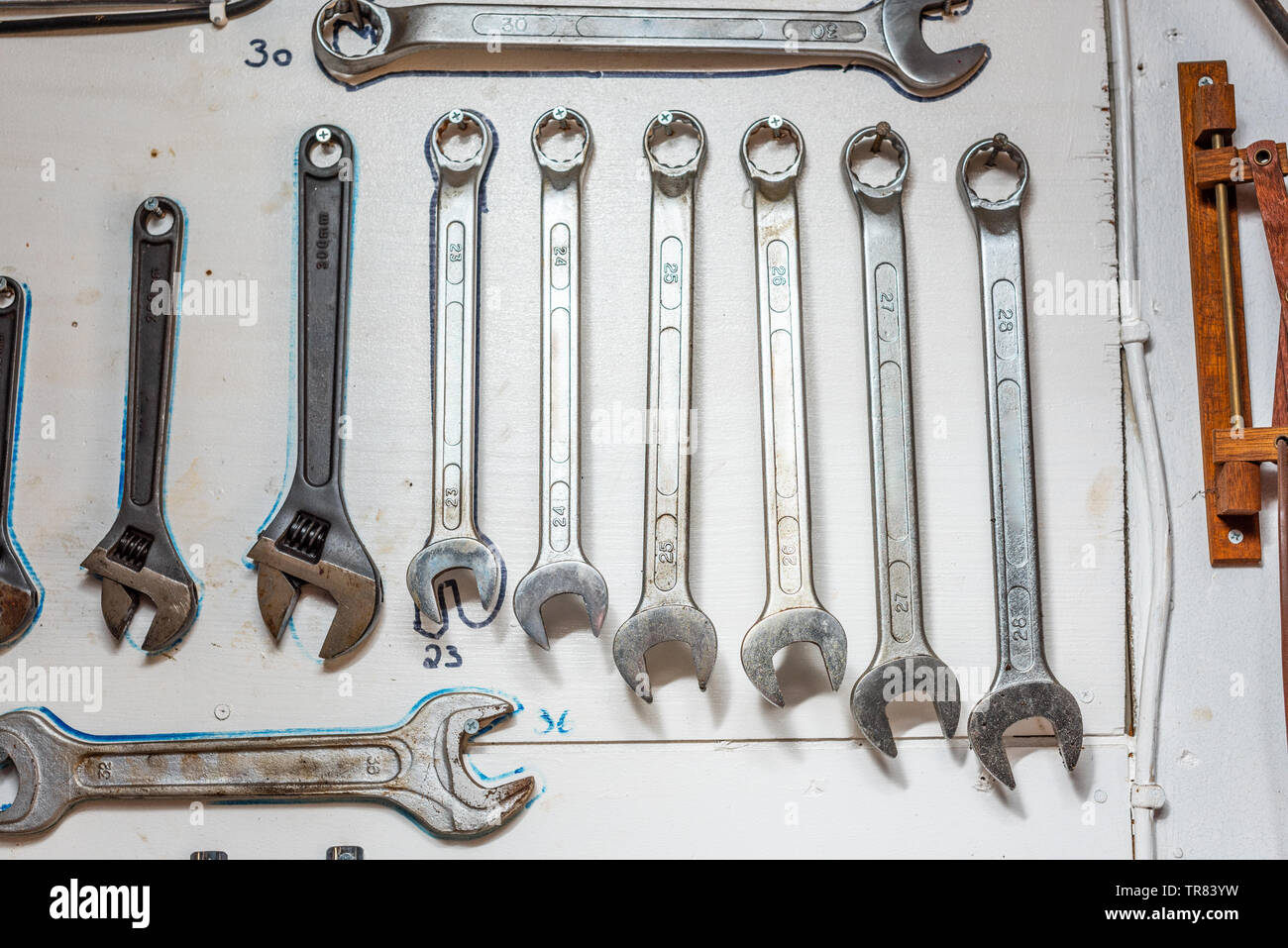 Tools systematically arranged on a wall Stock Photo - Alamy