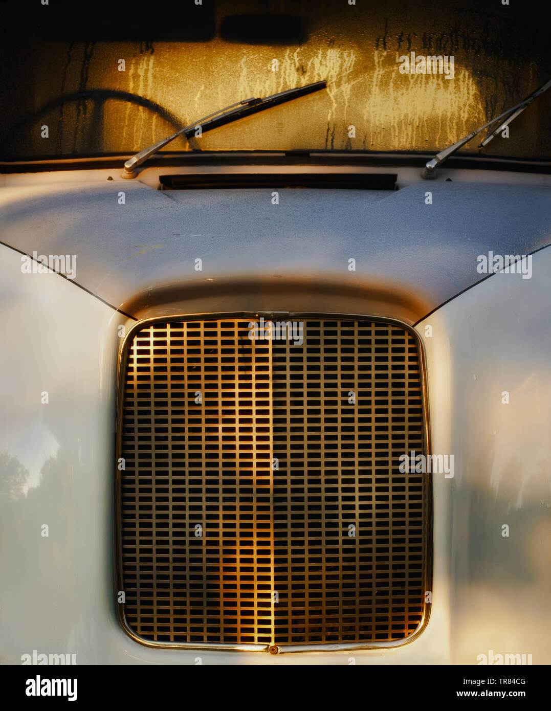 Detail view of antique car grill and windshield or windscreen Stock ...