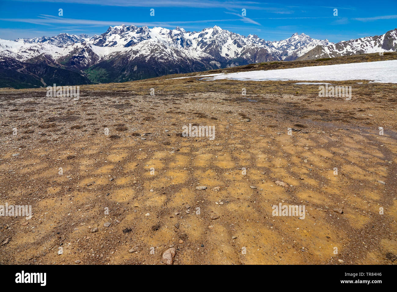 Frost polygons on flat gravel area, Col du Granon, Briancon, Ecrins ...
