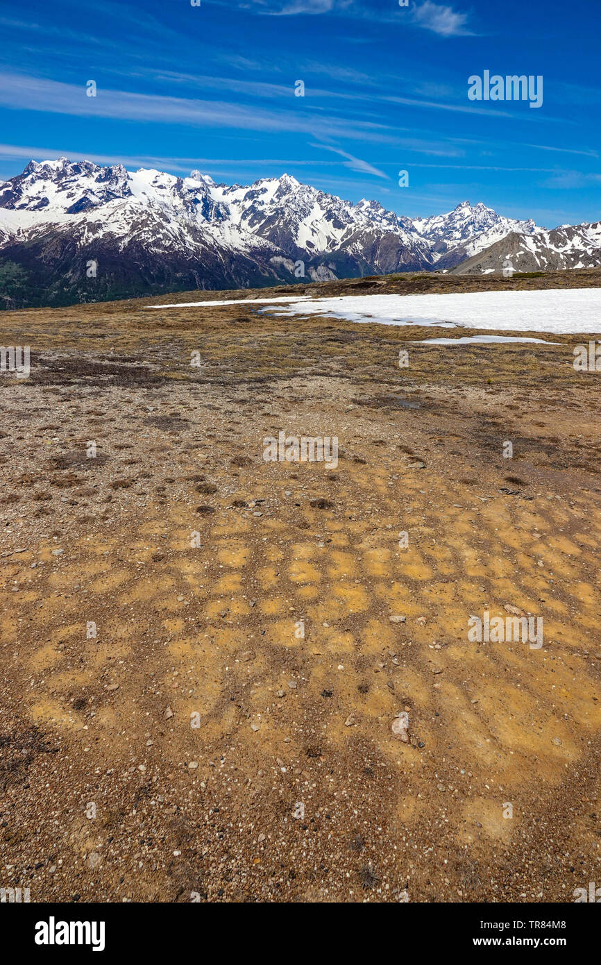 Frost polygons on flat gravel area, Col du Granon, Briancon, Ecrins ...