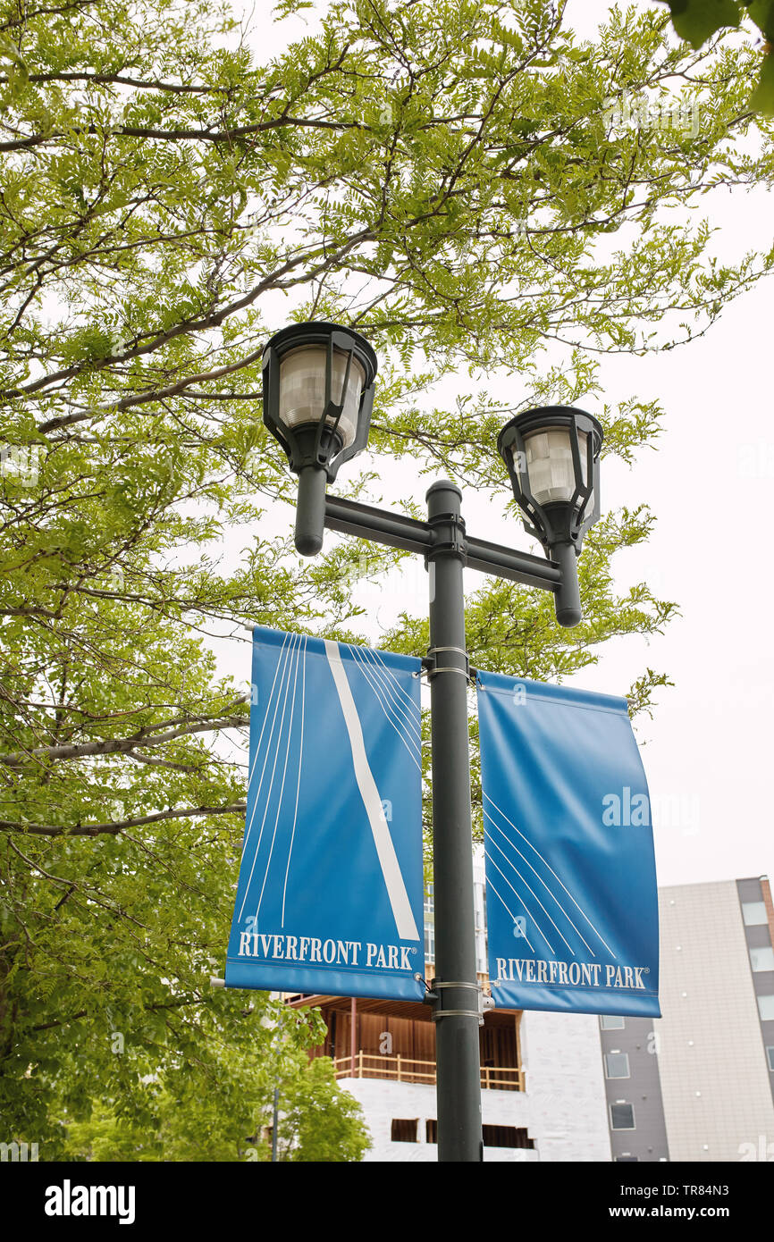 Signs displayed along the Riverfront Park neighborhood in downtown ...