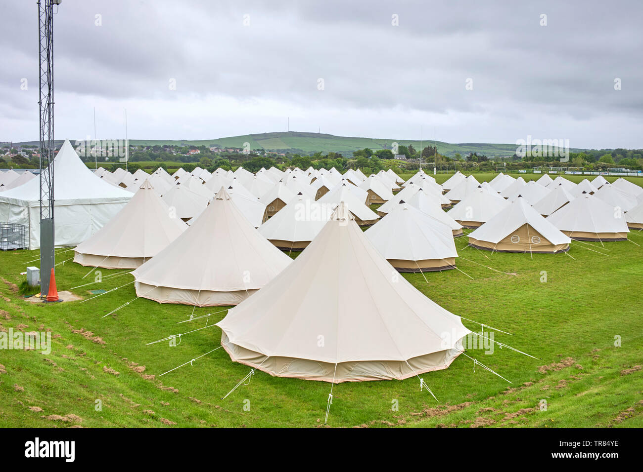Bell tents set up in Douglas on a rugby ground, for visitors to the TT ...