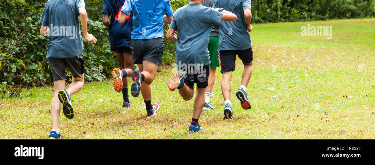 A high school boys cross country team is running together on a grass ...