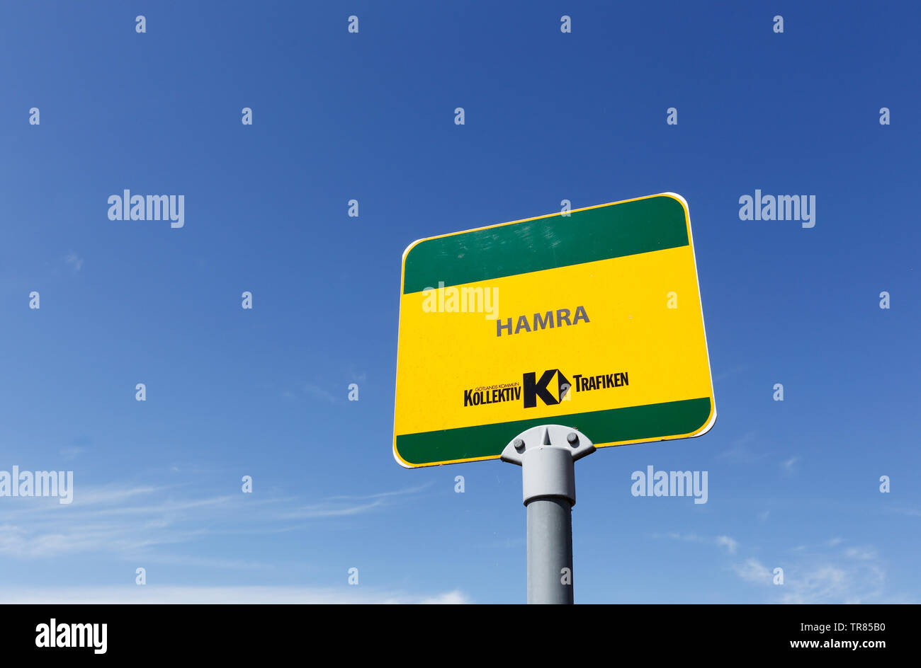 Hamra, Sweden - May 14, 2016: Close-up of the bus stop sign at Hamra ...