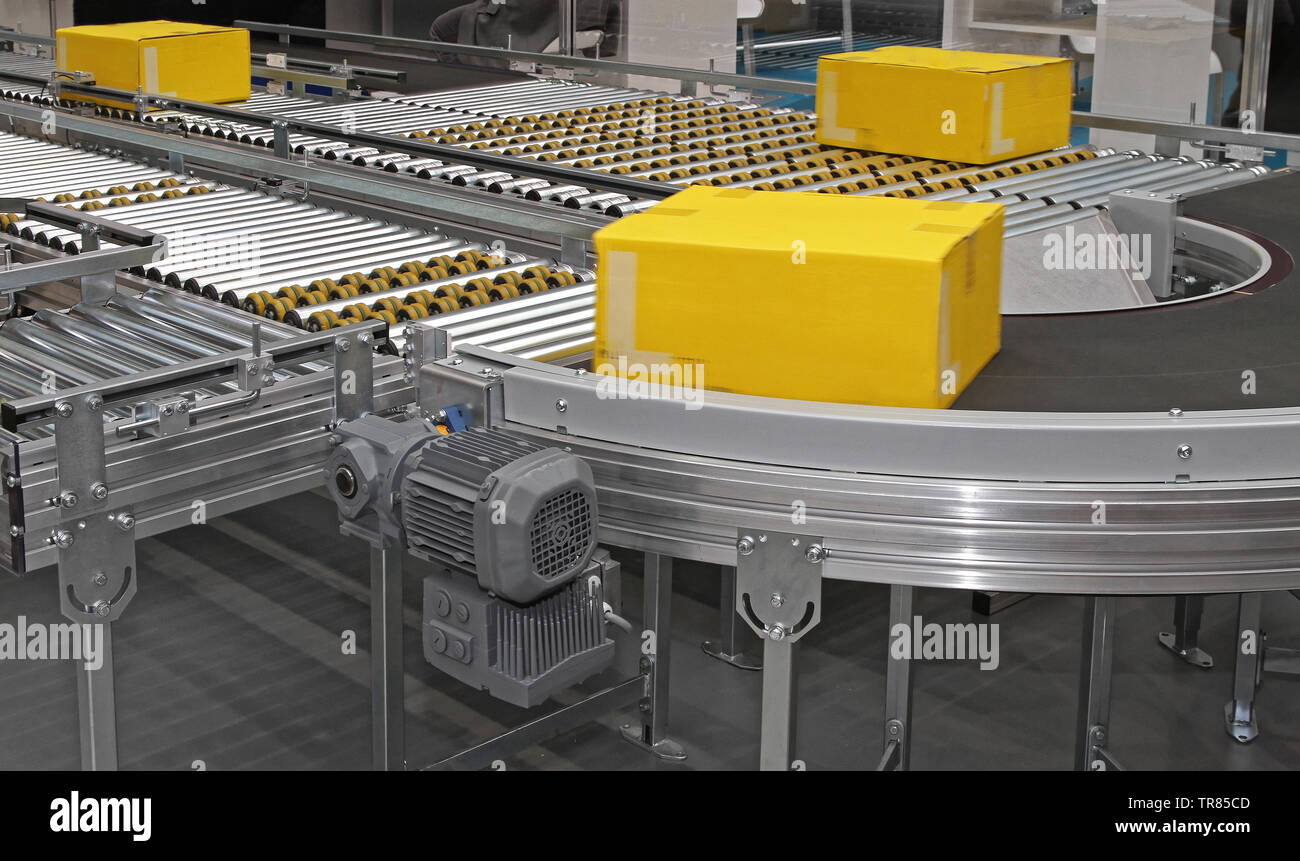 Automated Sorting Packages at Conveyor System Distribution Stock Photo ...