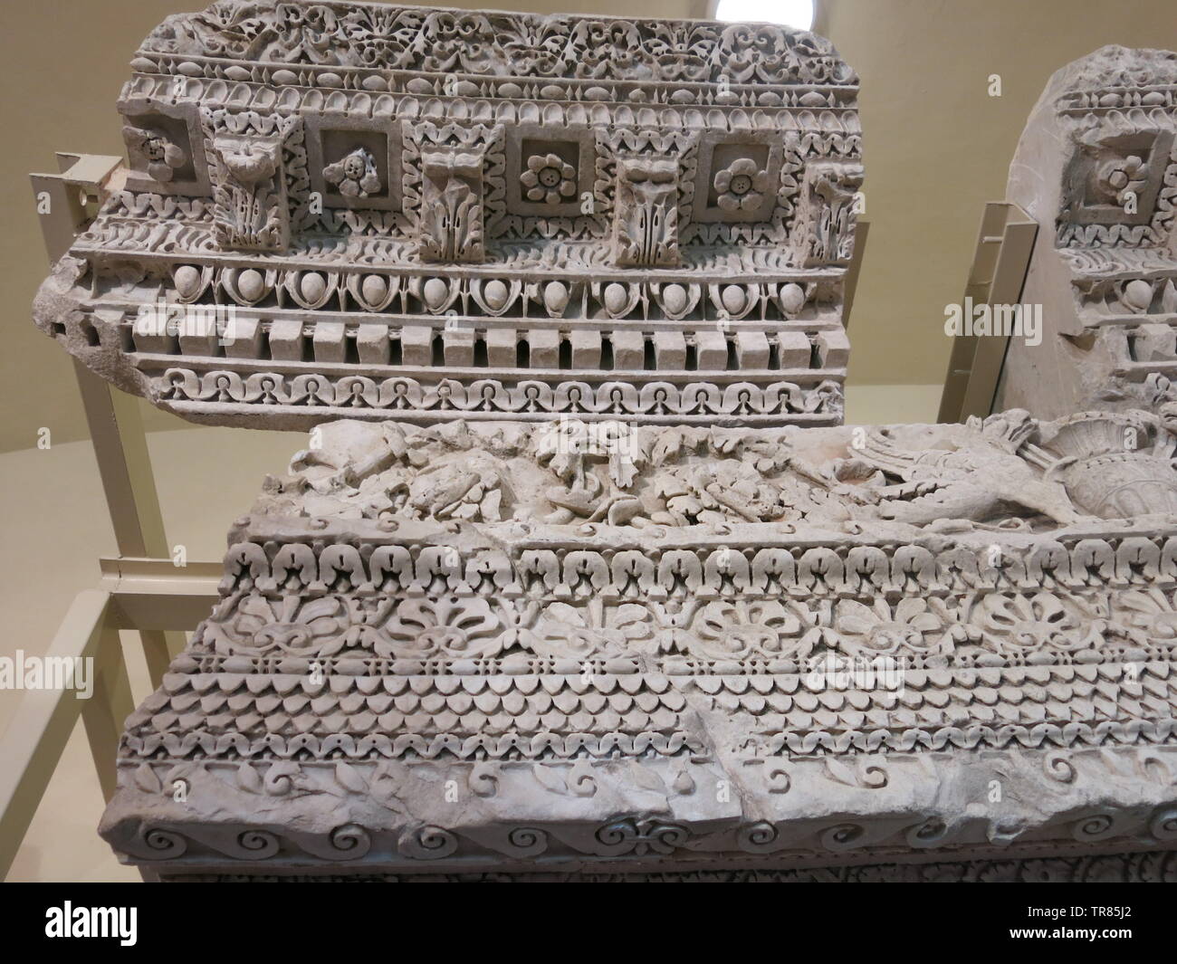 Close-up of the ornate Roman stonework and sculpted columns in the ...