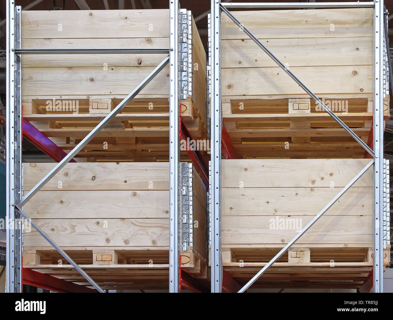 Wooden Shipping Boxes With Pallets at Shelving System Warehouse Stock ...