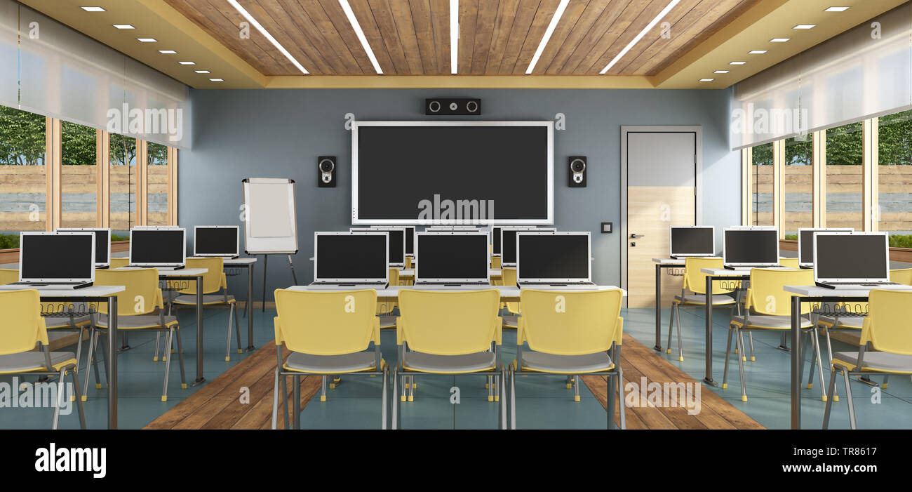 Multimedia classroom with laptops, flat screen and speakers - 3d ...
