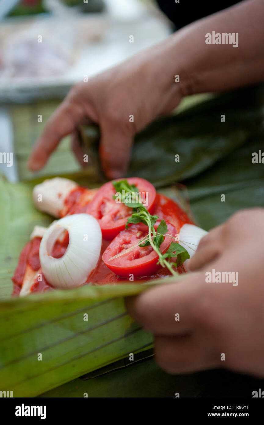 Making pollo pibil La Finca Puc, Muna, Yucatan, Mexico Stock Photo - Alamy