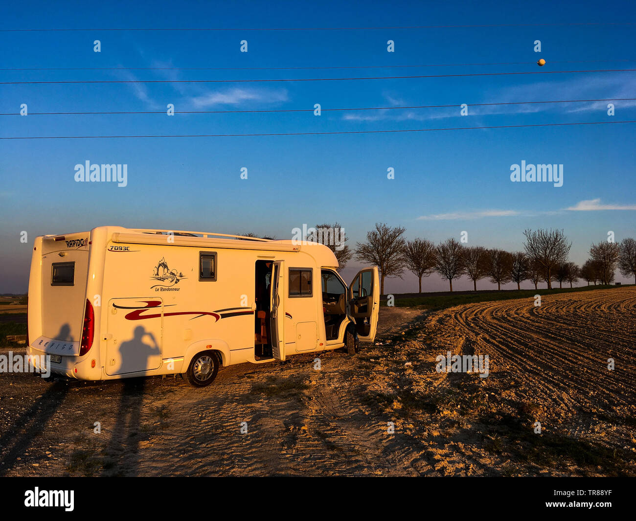 Camping car at sunset, Panoramic view, Champagne plain, France Stock ...