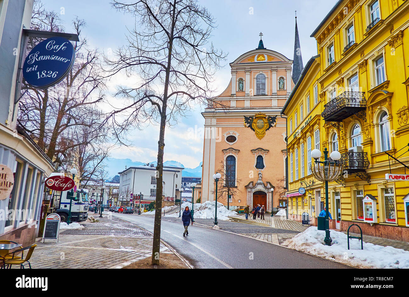 BAD ISCHL, AUSTRIA - FEBRUARY 20, 2019: The view on the scenic facade ...