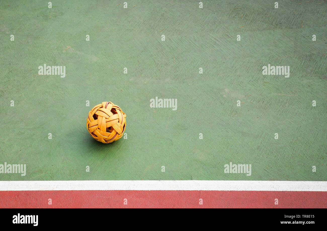 Sepak Takraw Ball Or Rattan Ball On Field Of Sepak Takraw Court With