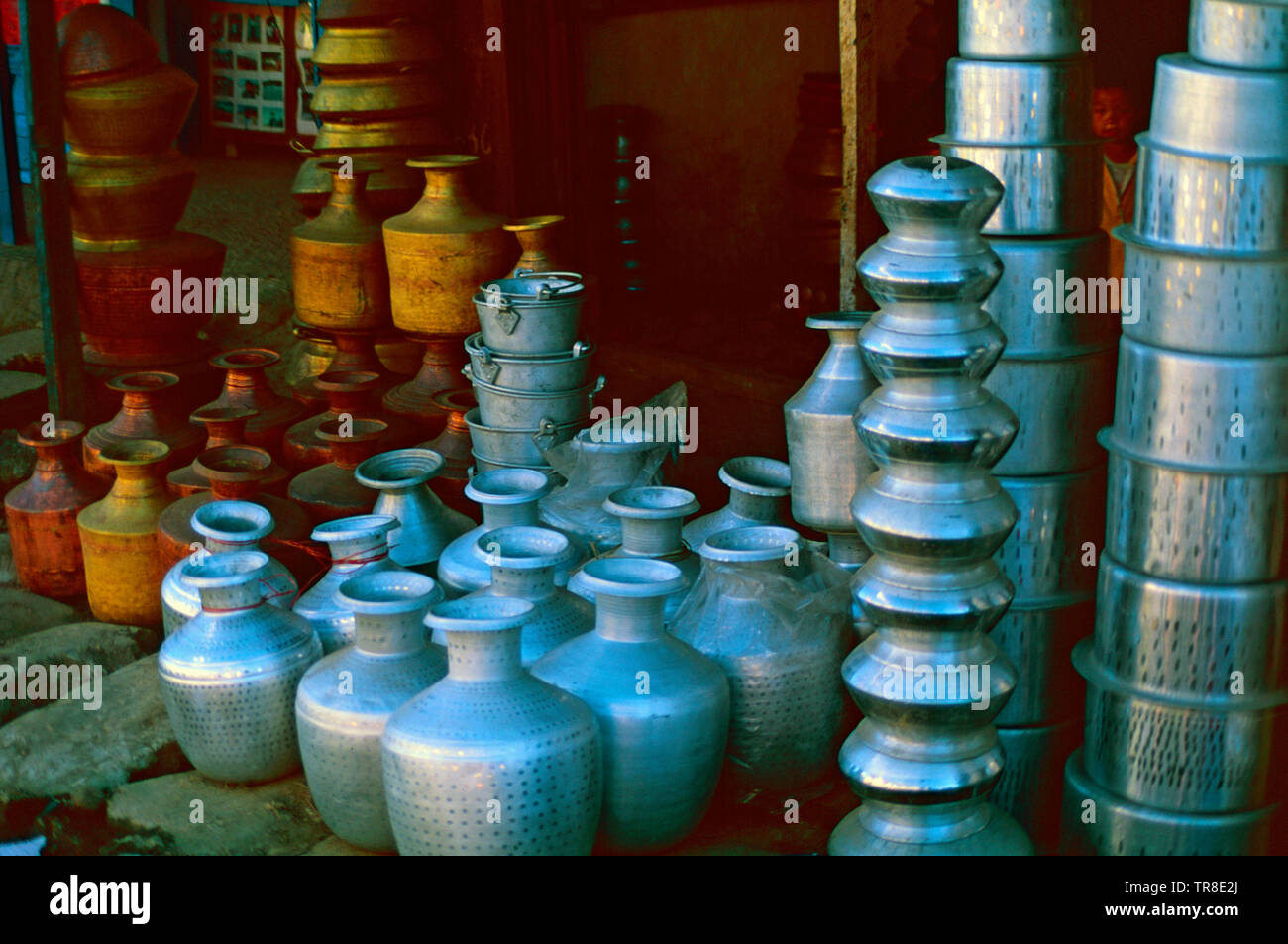 Brass and aluminum vessels,Hile,Eastern Nepal Stock Photo - Alamy