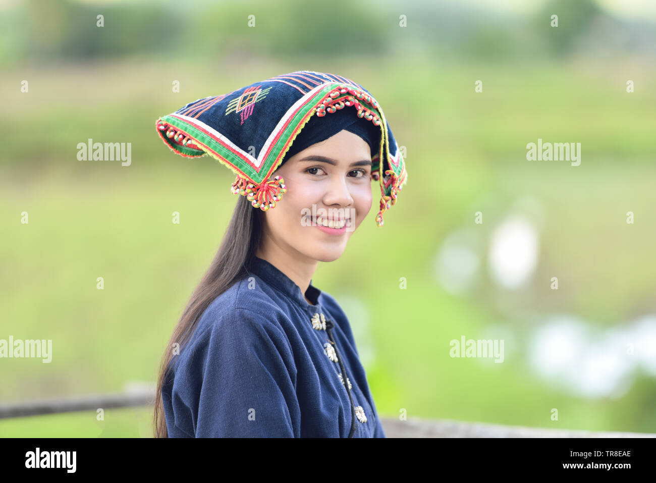 Asia woman thai style dress tribe Tai Dam / Portrait of beautiful young ...
