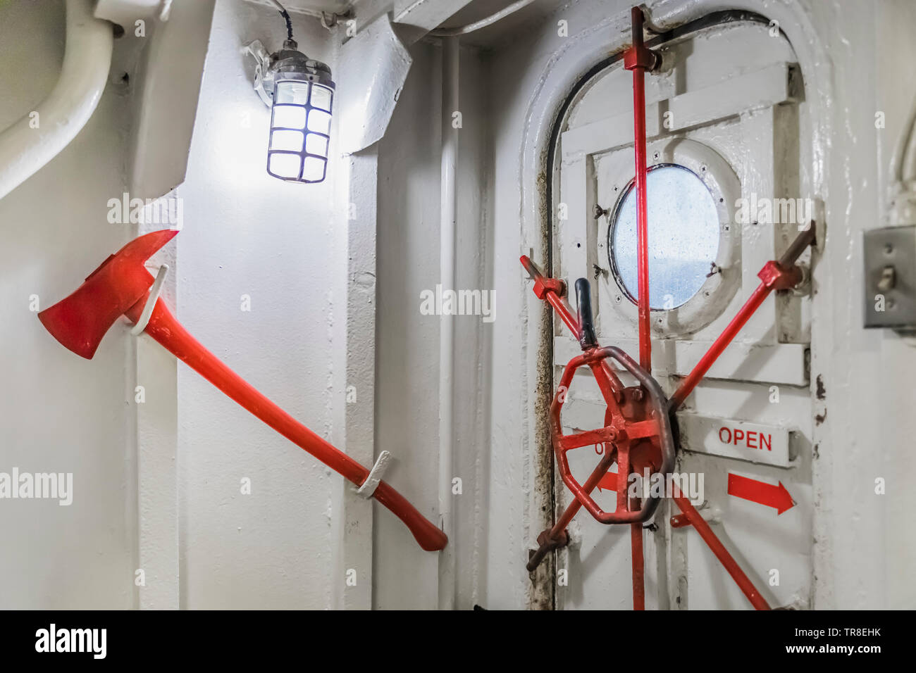 Interior, with fire axe and bulkhead door, of ferry Marine Voyager on ...