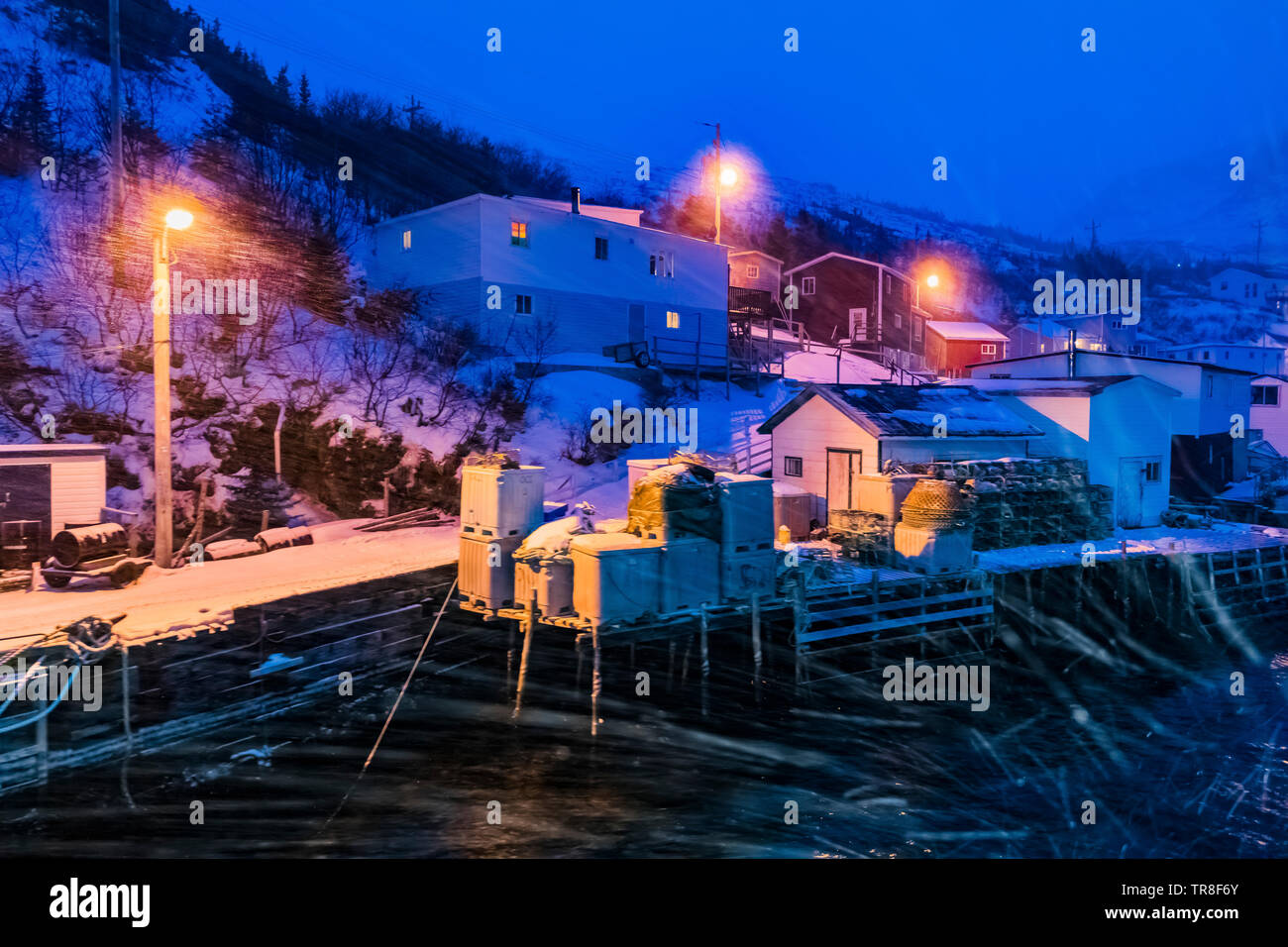 Snowstorm at night when the ferry Marine Voyager reached the outport ...