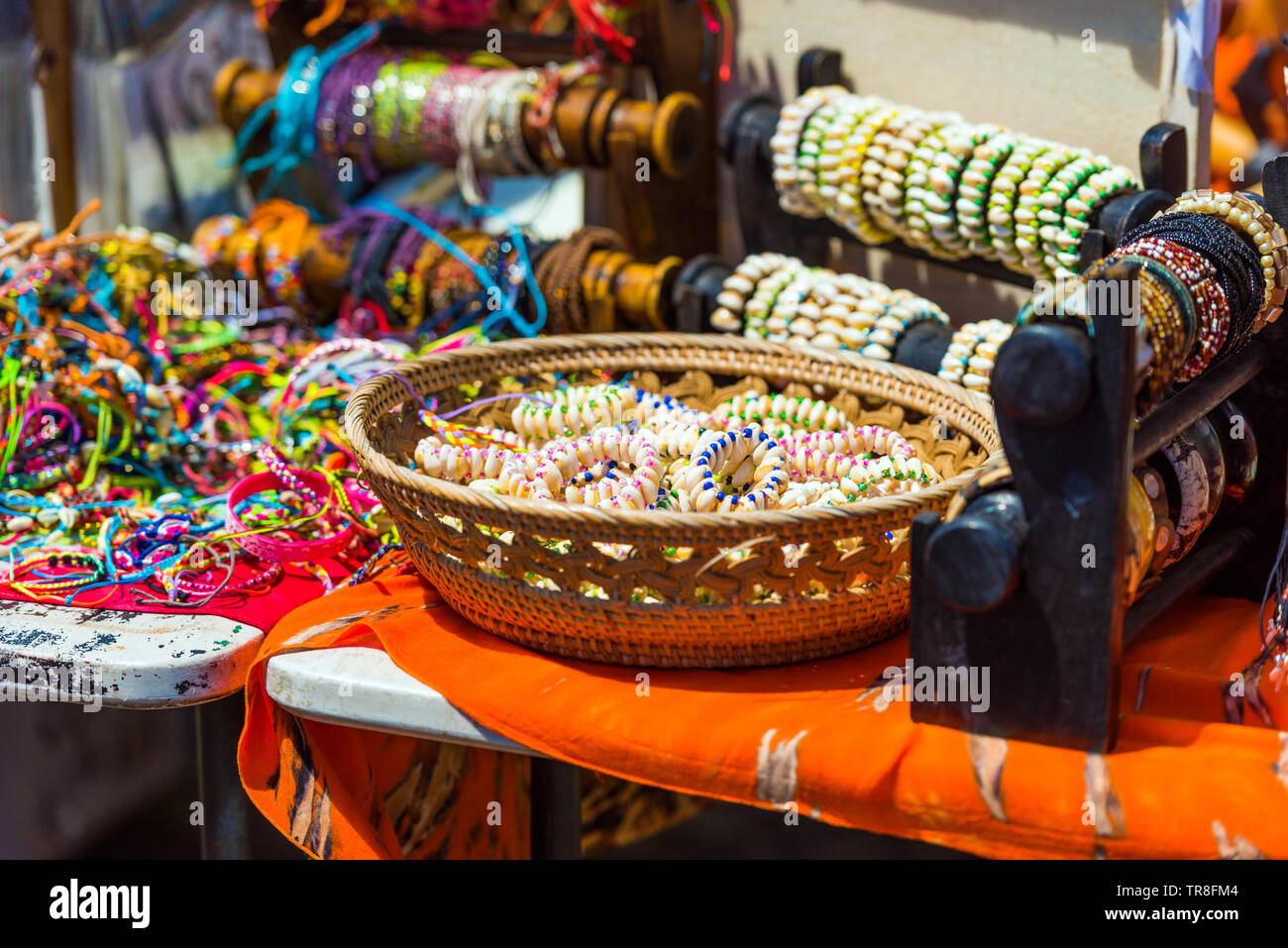 Multi-colored bracelets in the local market, Rarotonga, Aitutaki, Cook ...