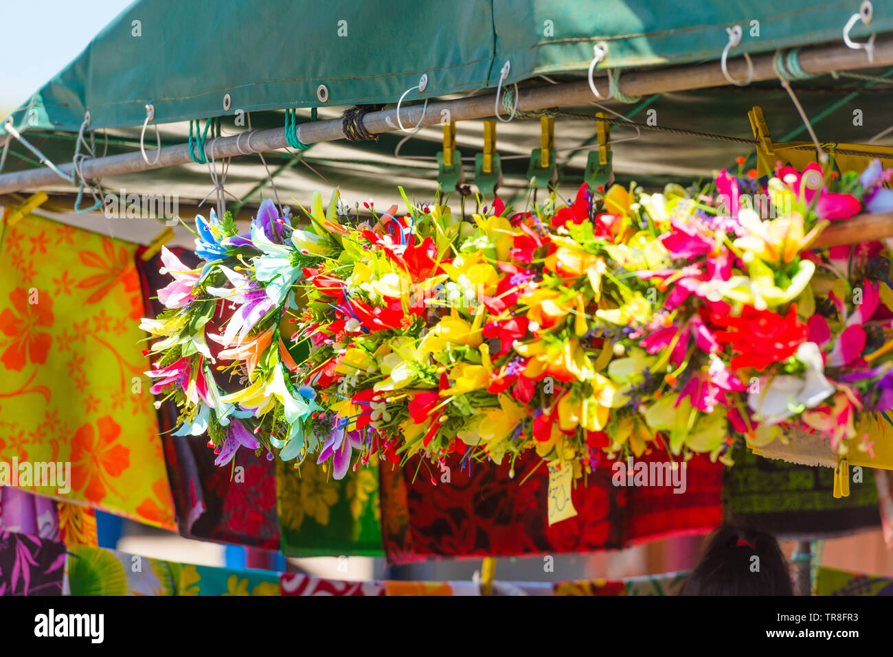 Flower wreaths on the local market, Rarotonga, Aitutaki, Cook Islands ...