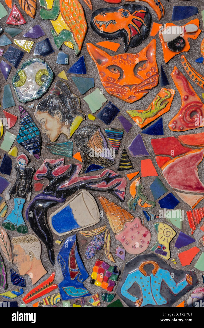 tile mosaic on bus stop bench, Broadway Blvd., Albuquerque, New Mexico ...