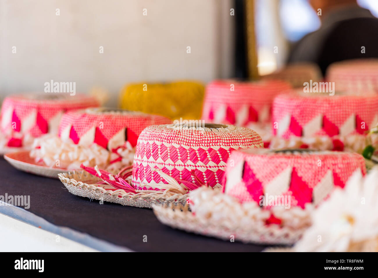 Straw hats for sale in a tropical souvenir shop in Aitutaki, Cook ...