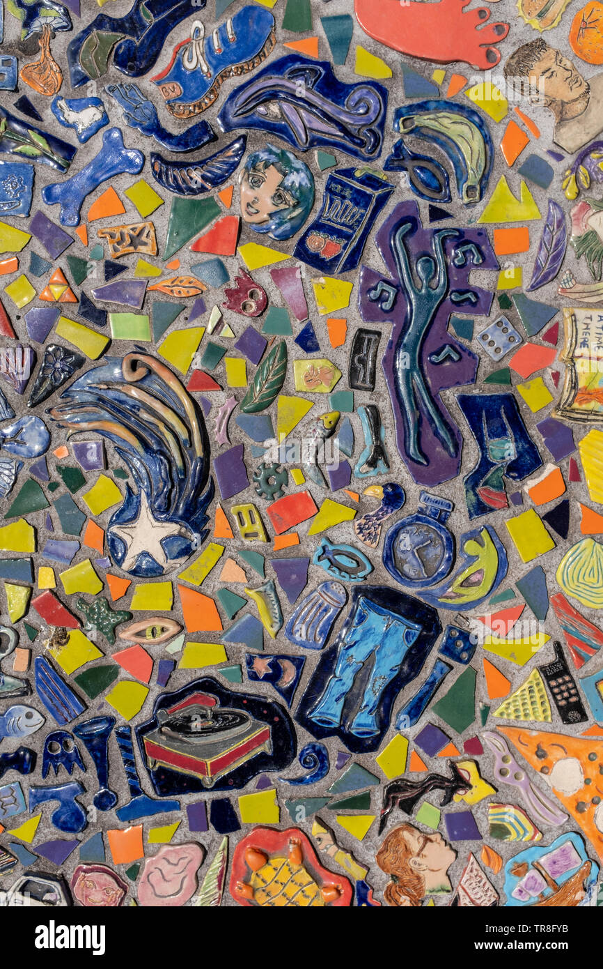 tile mosaic on bus stop bench, Broadway Blvd., Albuquerque, New Mexico ...