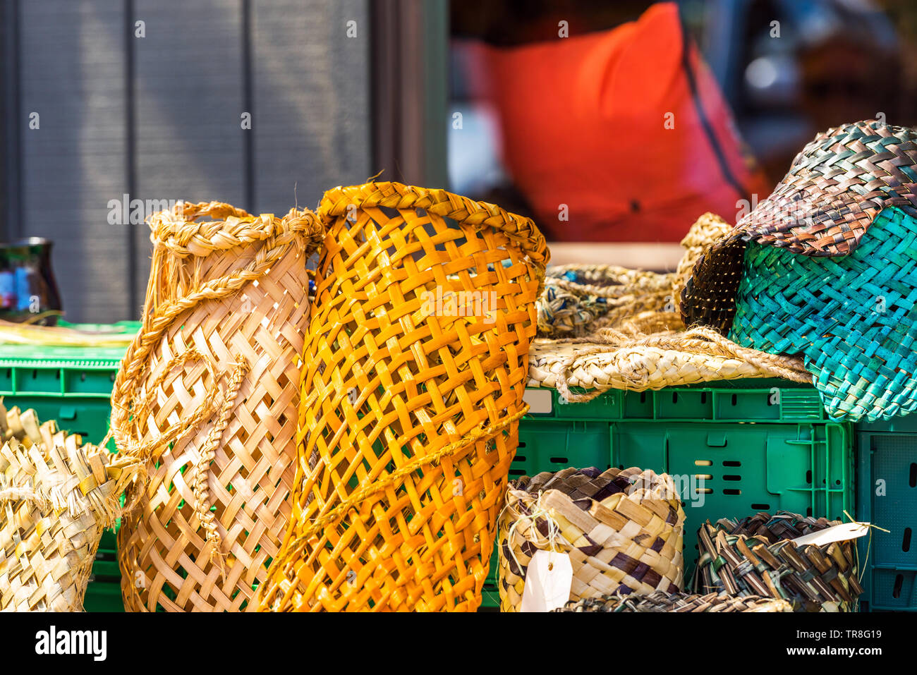 Woven bags on the market, Rarotonga, Aitutaki, Cook Islands. With ...