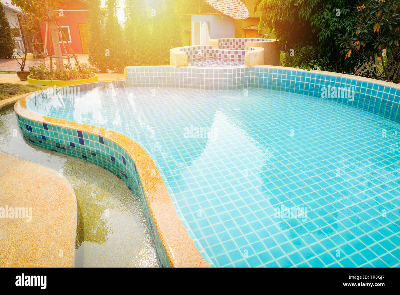 Swimming pool water tiles blue colorful modern curve design for family ...