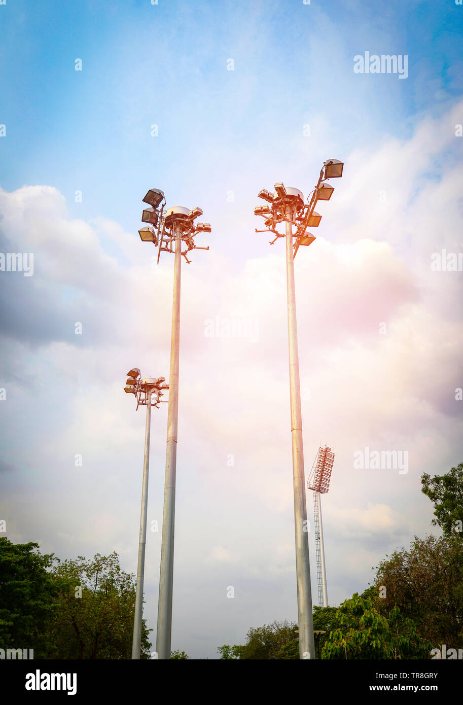 Light stadium or Sports lighting tower electric pole lamp post and blue ...