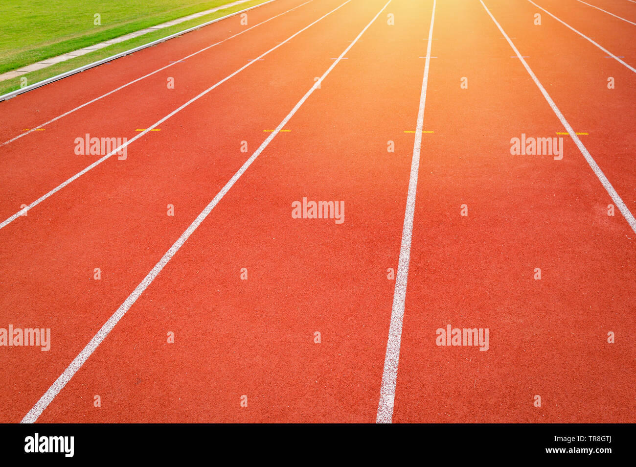 Athletics Track Run / Red running track in stadium with green field ...