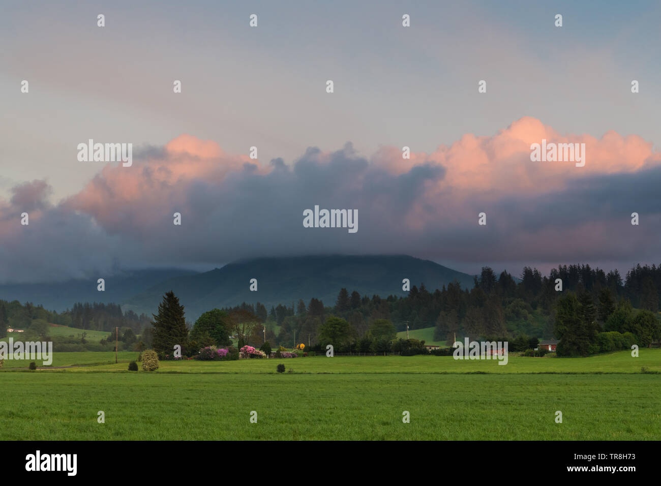 A rural scene of green farms, fields, and forests at sunset under ...