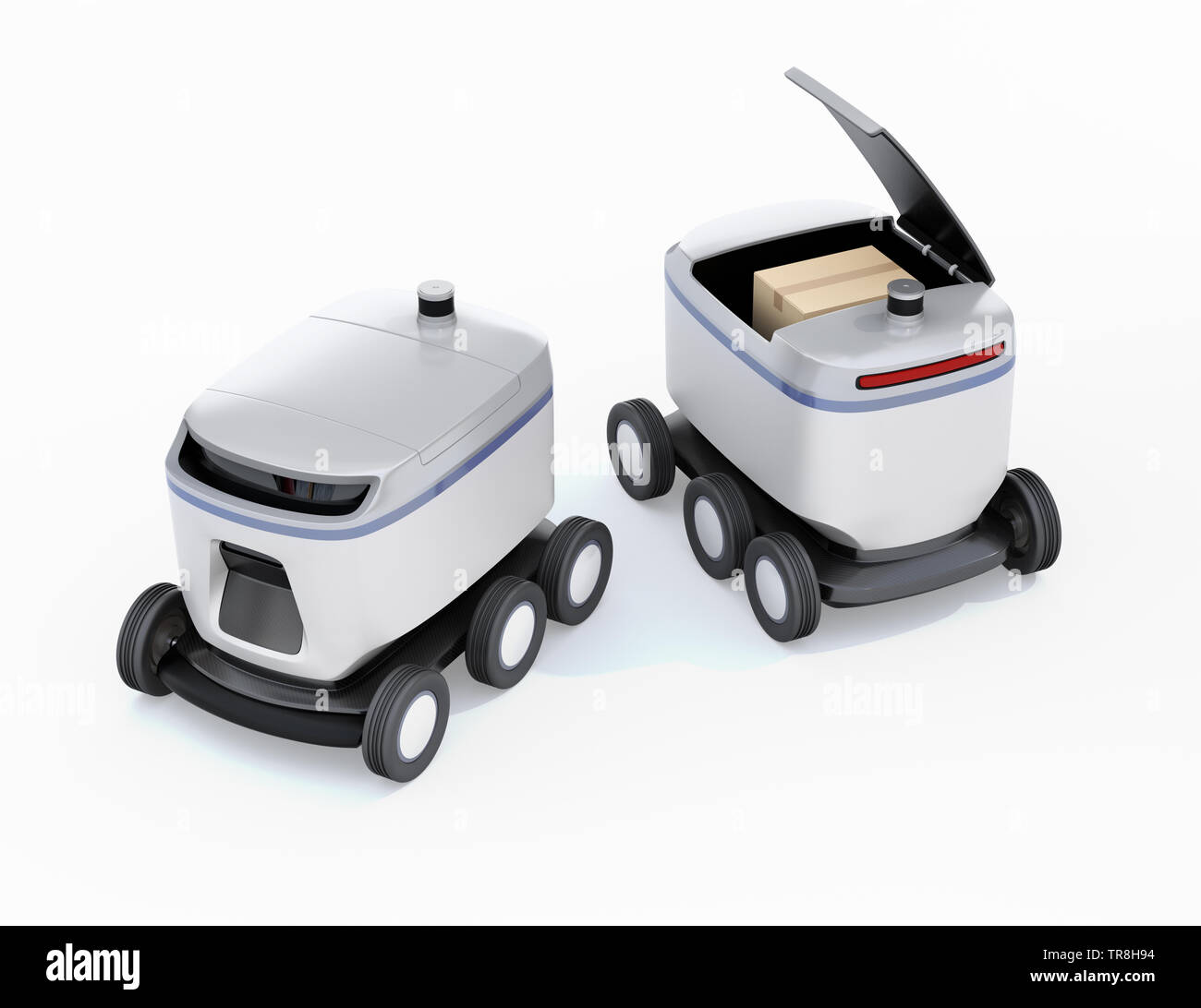 Self-driving delivery robots on white background. One's cover opened ...