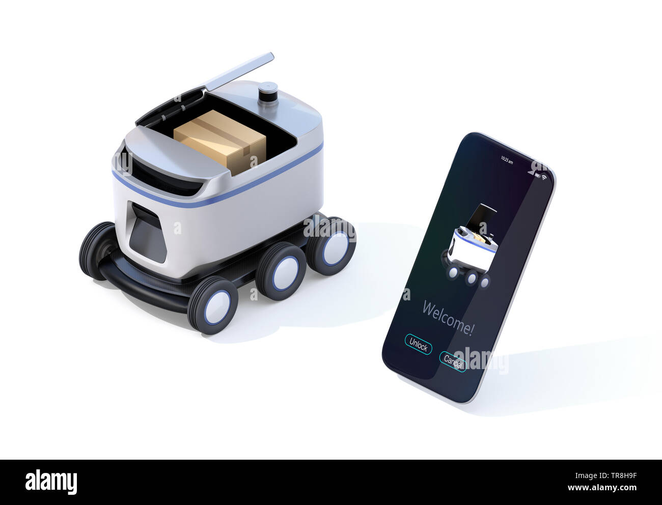 Self-driving delivery robot with top cover opened for pickup parcel ...